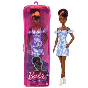 barbie fashionistas doll #185 with black up-do hair, bleached denim dress, boots & headband accessory