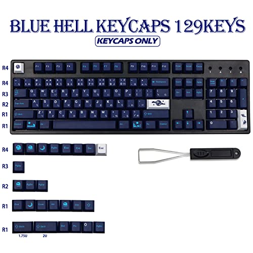 MOLGRIA Blue Hell Keycaps, PBT Keycaps 129 Set for Gaming Keyboard, Cherry Profile Dye Sublimation Custom Keycaps with Japanese Font for Gateron Kailh Cherry MX 104/87/74/61 60 Keyboard ANSI Layout