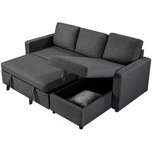 yaheetech sectional sofa l-shaped bed w/chaise, reversible couch sleeper w/pull out bed & storage space, 4-seat fabric convertible sofa, suitable for living room dark gray