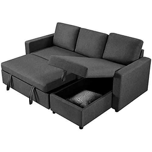 Yaheetech Sectional Sofa L-Shaped Bed w/Chaise, Reversible Couch Sleeper w/Pull Out Bed & Storage Space, 4-seat Fabric Convertible Sofa, Suitable for Living Room Dark Gray