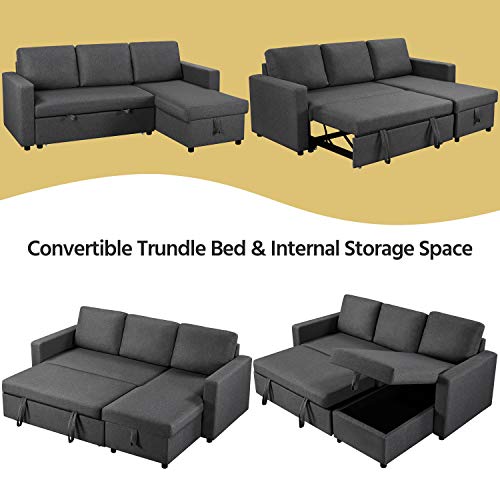 Yaheetech Sectional Sofa L-Shaped Bed w/Chaise, Reversible Couch Sleeper w/Pull Out Bed & Storage Space, 4-seat Fabric Convertible Sofa, Suitable for Living Room Dark Gray