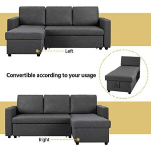 Yaheetech Sectional Sofa L-Shaped Bed w/Chaise, Reversible Couch Sleeper w/Pull Out Bed & Storage Space, 4-seat Fabric Convertible Sofa, Suitable for Living Room Dark Gray