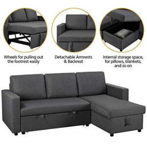 Yaheetech Sectional Sofa L-Shaped Bed w/Chaise, Reversible Couch Sleeper w/Pull Out Bed & Storage Space, 4-seat Fabric Convertible Sofa, Suitable for Living Room Dark Gray