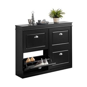 haotian fsr79-sch, black shoe cabinet with 4 flip drawers, freestanding shoe rack, shoe storage cupboard organizer unit