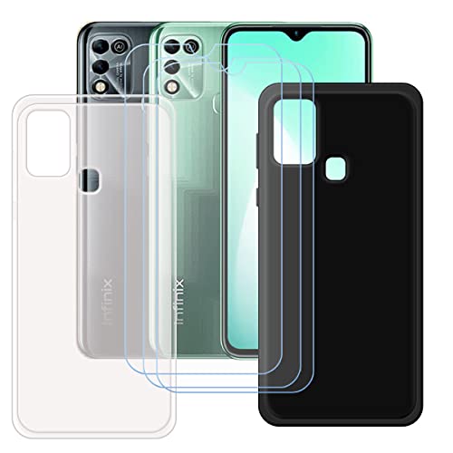 YZKJSZ Case for Infinix Hot 11 Play Cover + 3 x Screen Protector Tempered Glass Protective Film - Soft Gel Semi-Transparent + Black TPU Silicone Protection Case for Infinix Hot 11 Play (6.82")