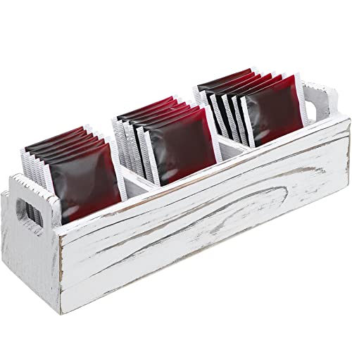 Wooden Tea Bag Box Whitewashed Tea Bag Chest with Handle 3 Compartments Tea Bag Organizer Small Wood Tea Bag Holder Divided Coffee Condiment Organizer Tea Storage Chests for Beverage Kitchen Supplies