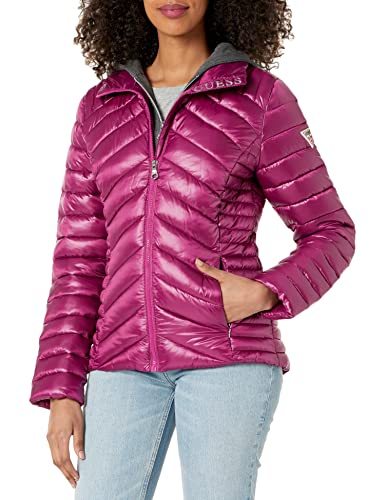 GUESS womens Hooded Packable Puffer Transitional Jacket, Magenta, Small US