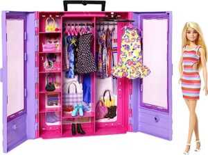 barbie fashionistas doll & playset, ultimate closet with barbie clothes (3 outfits) & fashion accessories including 6 hangers