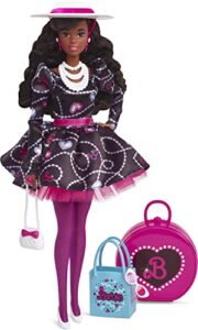 barbie rewind ‘80s edition doll, sophisticated style, wearing dress & accessories, with dark-brown curly hair, gift for collectors