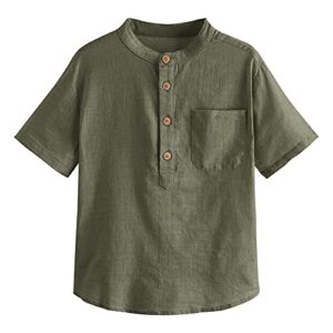 inorin boys button up henley shirt short sleeve lightweight summer linen cotton dress shirts tees tops with one pocket army green