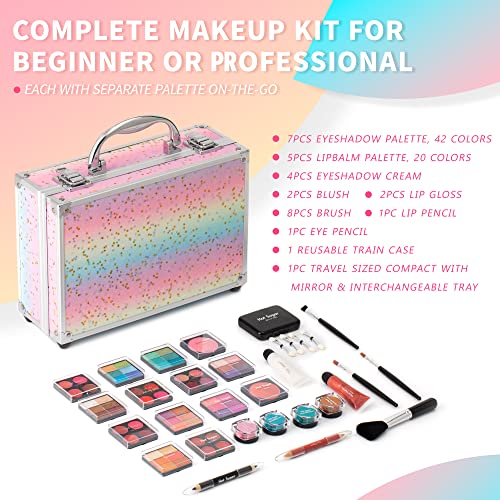 Hot Sugar Makeup Kit for Teenager Girls - Full Starter Cosmetics Set with Eye Shadow Lip Balm Blush Lip Gloss Brush Lip Pencil Eye Pencil and Mirror (Rainbow)