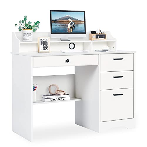 White Desk with Drawers and Storage, Home Office Desk Computer Desk with 4 Drawers & Hutch, Home Desk Small White Desk with Drawers for Bedroom, Home Office, White