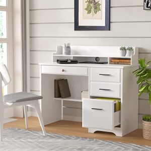 White Desk with Drawers and Storage, Home Office Desk Computer Desk with 4 Drawers & Hutch, Home Desk Small White Desk with Drawers for Bedroom, Home Office, White