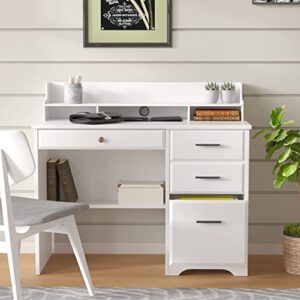 White Desk with Drawers and Storage, Home Office Desk Computer Desk with 4 Drawers & Hutch, Home Desk Small White Desk with Drawers for Bedroom, Home Office, White