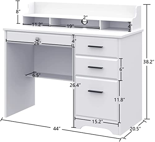 White Desk with Drawers and Storage, Home Office Desk Computer Desk with 4 Drawers & Hutch, Home Desk Small White Desk with Drawers for Bedroom, Home Office, White