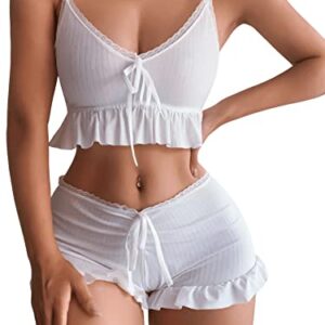 SweatyRocks Women's 2 Piece Lingerie Set Ruffle Trim Tie Front Cami Top and Shorts Sleepwear White S