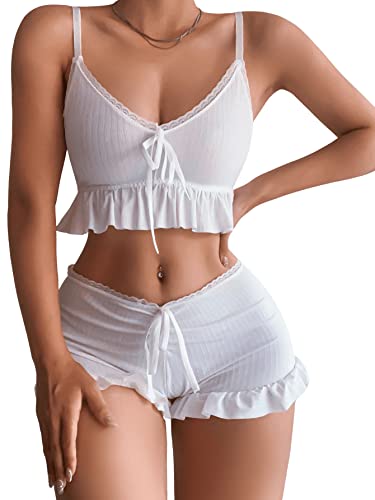 SweatyRocks Women's 2 Piece Lingerie Set Ruffle Trim Tie Front Cami Top and Shorts Sleepwear White S