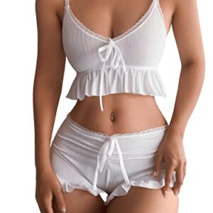 SweatyRocks Women's 2 Piece Lingerie Set Ruffle Trim Tie Front Cami Top and Shorts Sleepwear White S