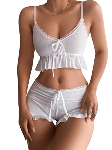 SweatyRocks Women's 2 Piece Lingerie Set Ruffle Trim Tie Front Cami Top and Shorts Sleepwear White S