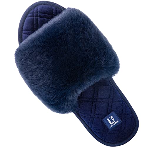 LongBay Women's Fuzzy Faux Fur Memory Foam Cozy Flat Spa Slide Slippers Comfy Open Toe Slip On House Shoes Sandals (Large/ 9-10, Navy Blue)