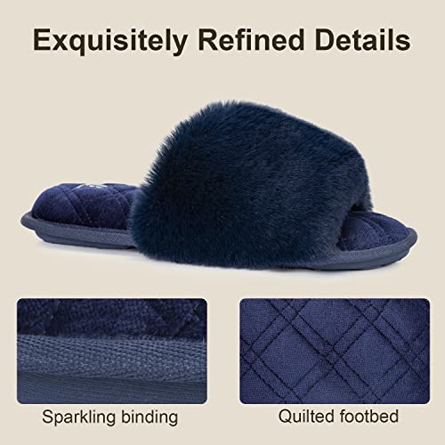 LongBay Women's Fuzzy Faux Fur Memory Foam Cozy Flat Spa Slide Slippers Comfy Open Toe Slip On House Shoes Sandals (Large/ 9-10, Navy Blue)