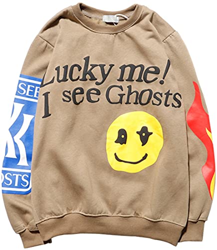 WINKEEY Unisex Lucky Me I See Ghosts Crewneck Sweatshirt Hip Pop Long Sleeve Pullover Tops for Men (M,Khaki)