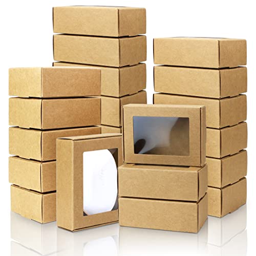 BadenBach 50 Pack Small Rectangle Kraft Paper Boxes with Clear Windows,3.33" x 2.35" x 1.18",Mini Soap Present Treat Gift Box for Bakery Candy,Chocolate Packaging Jewelry Display Wedding Party Favor (Brown)