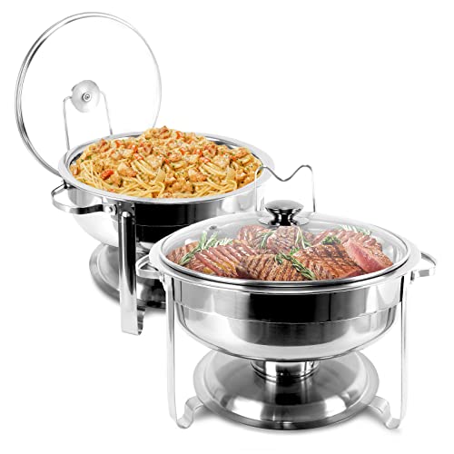 Fulgutonit 2 Packs 4 QT Round Chafing Dish, Stainless Steel Chafing Dish Buffet Set, Food Warmers For Parties Buffet with Glass Lid & Lid Holder