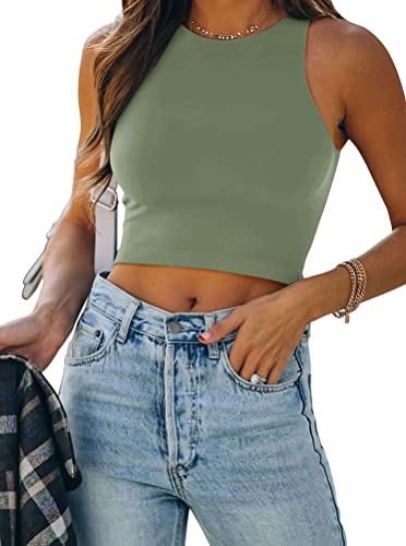 Women’s Sexy Sleeveless High Neck Racerback Cropped Tank Tops Cute Teen Girls Halter Neck Crop Tops Vest Olive Green Medium