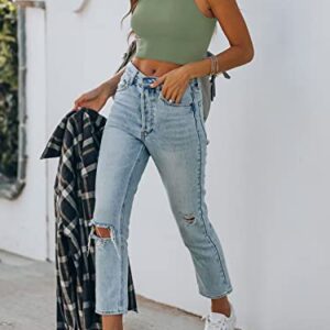 Women’s Sexy Sleeveless High Neck Racerback Cropped Tank Tops Cute Teen Girls Halter Neck Crop Tops Vest Olive Green Medium