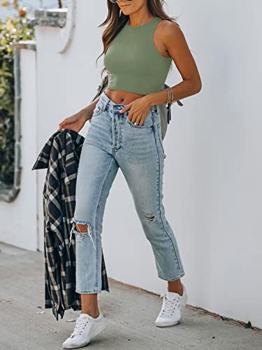 Women’s Sexy Sleeveless High Neck Racerback Cropped Tank Tops Cute Teen Girls Halter Neck Crop Tops Vest Olive Green Medium