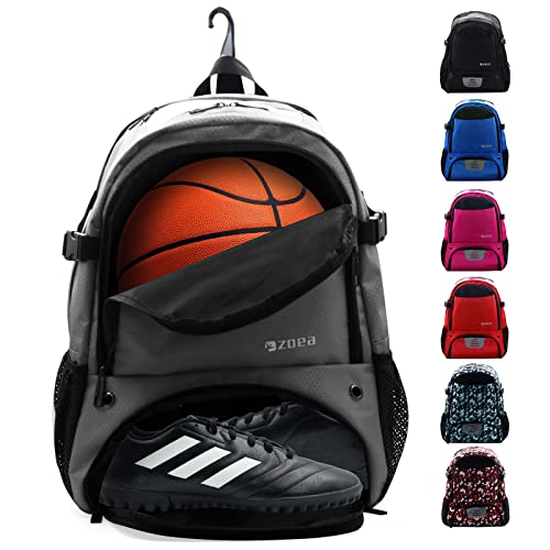 ZOEA Large Basketball Bag - Backpack for Basketball, Soccer & Volleyball Football Gym Includes Shoe & Ball & Laptop Compartment (Grey)