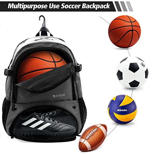 ZOEA Large Basketball Bag - Backpack for Basketball, Soccer & Volleyball Football Gym Includes Shoe & Ball & Laptop Compartment (Grey)