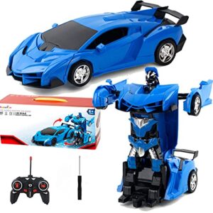 kizeefun remote control car, rechargeable transformable remote control car for boys and girls with flashing lights and 360°rotation, 1:18 rc stunt car for kids included 2 rechargeable batteries