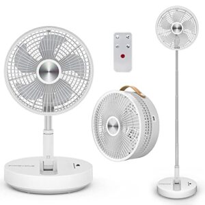 primevolve 10 inch oscillating fan with remote, battery operated fan adjustable height, usb rechargeable- 4 speeds, 8h timer setting for bedroom home office outdoor camping tent travel, white