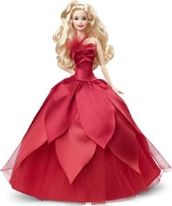 barbie signature 2022 holiday barbie doll (blonde wavy hair) with doll stand, collectible gift for kids ages 6 years old and up