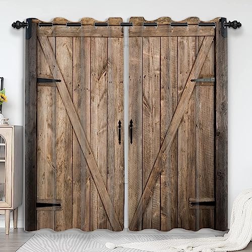 Renaiss Wooden Door Curtains Rustic Vintage Wooden Barn Door Print Farmhouse Style Window Treatment 84" H x 42" W Set of 2 Panels Grommet Bedroom Living Room Blackout Window Drapes