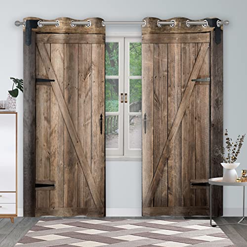 Renaiss Wooden Door Curtains Rustic Vintage Wooden Barn Door Print Farmhouse Style Window Treatment 84" H x 42" W Set of 2 Panels Grommet Bedroom Living Room Blackout Window Drapes