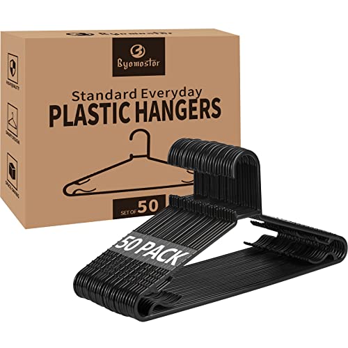 Byomostor Black Plastic Hangers 50 Pack, Light Weight Durable Clothes Hangers G-Shape Standard Size Non-Slip Coat Hanger Adult Clothes Hangers for Laundry & Everyday Use -Slim & Space Saving