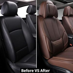 Coverado Front and Back Seat Covers 5 Pieces, Waterproof Nappa Leather Auto Seat Protectors Full Set with Head Pillow, Universal Car Accessories Fit for Most Sedans SUV Pick-up Truck, Brown