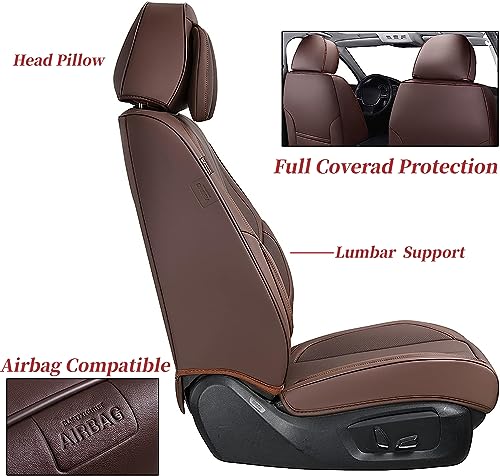 Coverado Front and Back Seat Covers 5 Pieces, Waterproof Nappa Leather Auto Seat Protectors Full Set with Head Pillow, Universal Car Accessories Fit for Most Sedans SUV Pick-up Truck, Brown