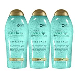 ogx hydration + sea kelp & hyaluronic acid sulfate-free lightly moisturizing body scrub with black rice, gentle exfoliating daily body wash to soften & smooth skin, 19.5 fl oz (pack of 3)