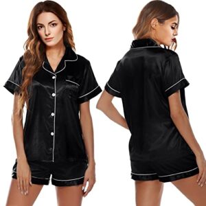 mannice women's silk satin pajama set summer short sleeve sleepwear button down pjs black