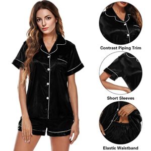 Mannice Women's Silk Satin Pajama Set Summer Short Sleeve Sleepwear Button Down PJs Black