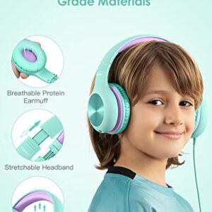 Kids Headphones with Microphone, Over-Ear Headphones for Kids with Sharing Function, 85dB/94dB Safe Volume Limit, HD Sound, Headset for On-line Study, School, Travel, Headphone for Children [Green]