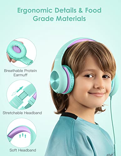 Kids Headphones with Microphone, Over-Ear Headphones for Kids with Sharing Function, 85dB/94dB Safe Volume Limit, HD Sound, Headset for On-line Study, School, Travel, Headphone for Children [Green]