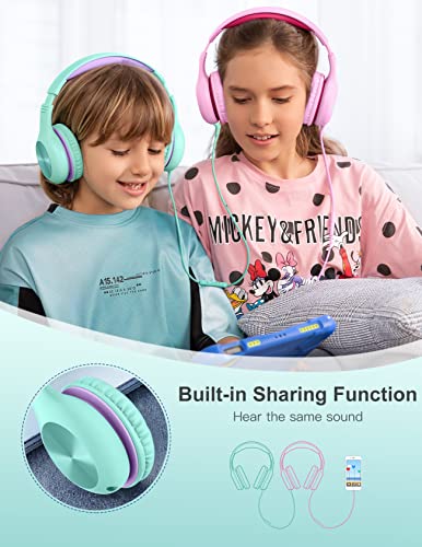 Kids Headphones with Microphone, Over-Ear Headphones for Kids with Sharing Function, 85dB/94dB Safe Volume Limit, HD Sound, Headset for On-line Study, School, Travel, Headphone for Children [Green]