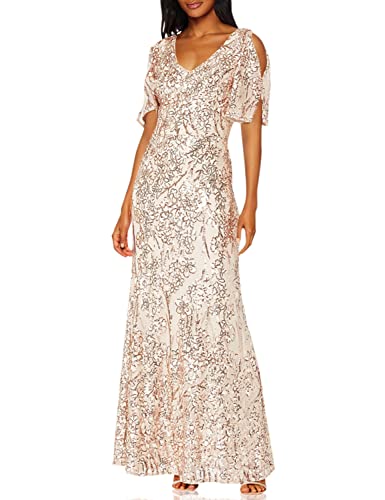 Alex Evenings Women's Sequin Stretch Lace Cold Shoulder Gown, Sand, 16