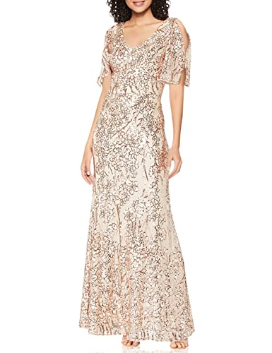 Alex Evenings Women's Sequin Stretch Lace Cold Shoulder Gown, Sand, 16