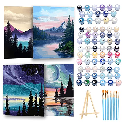 Ninonly 4 Pack Paint by Number for Adults Framed Canvas, DIY Arts and Crafts for Adults Beginner with Wooden Easel, Paint Brushes, Acrylic Paint Set for Home Wall Decor, 9 * 12 Inch